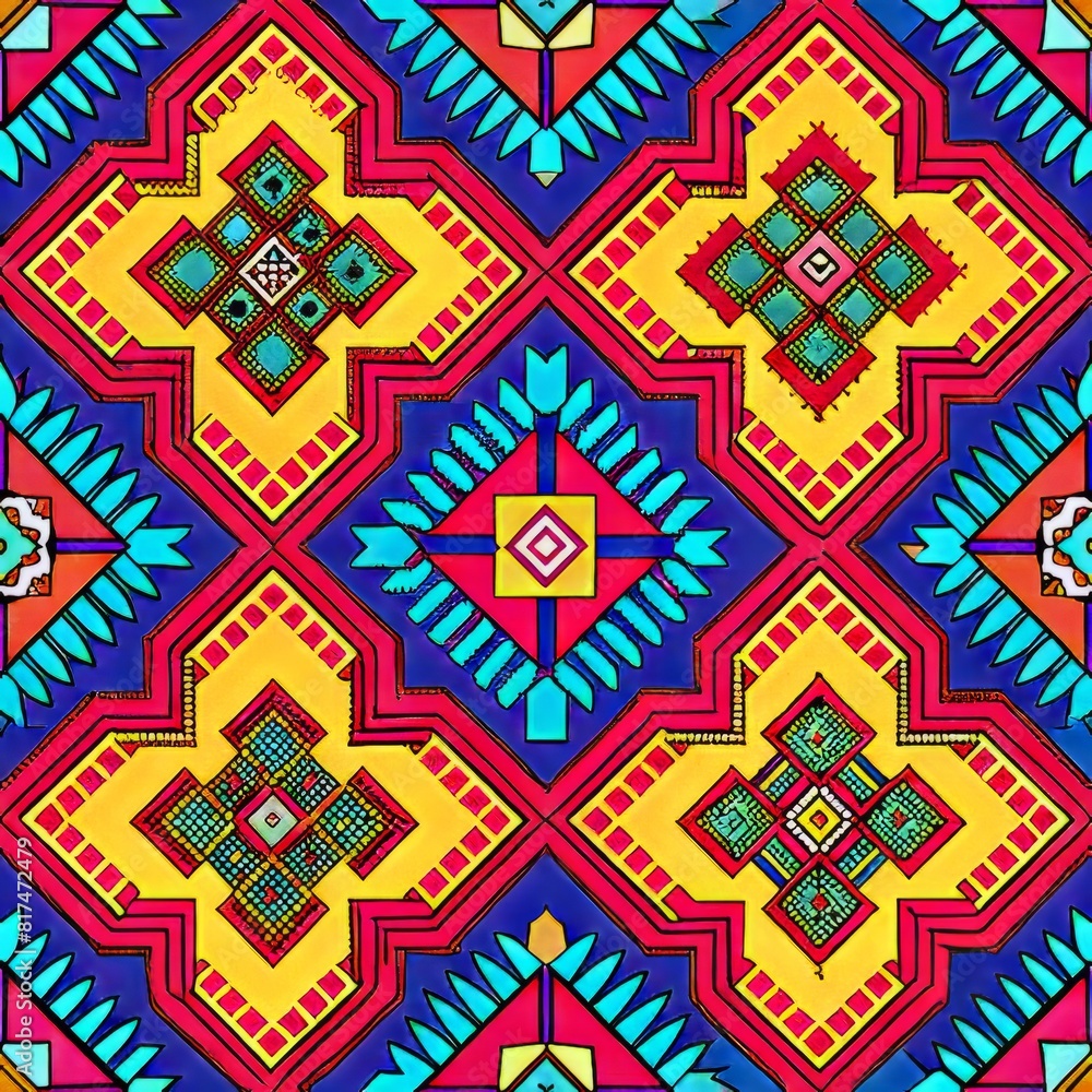 Seamless pattern of traditional Hmong embroidery motifs in bright, bold ...
