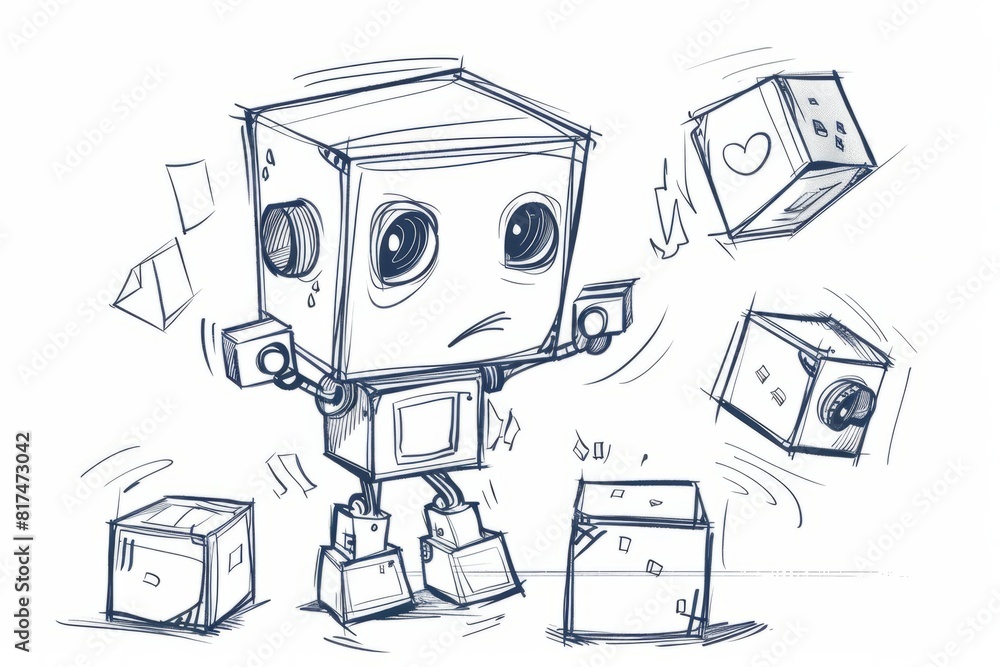 Cartoon cute doodles of a playful robot with its body assembled from ...