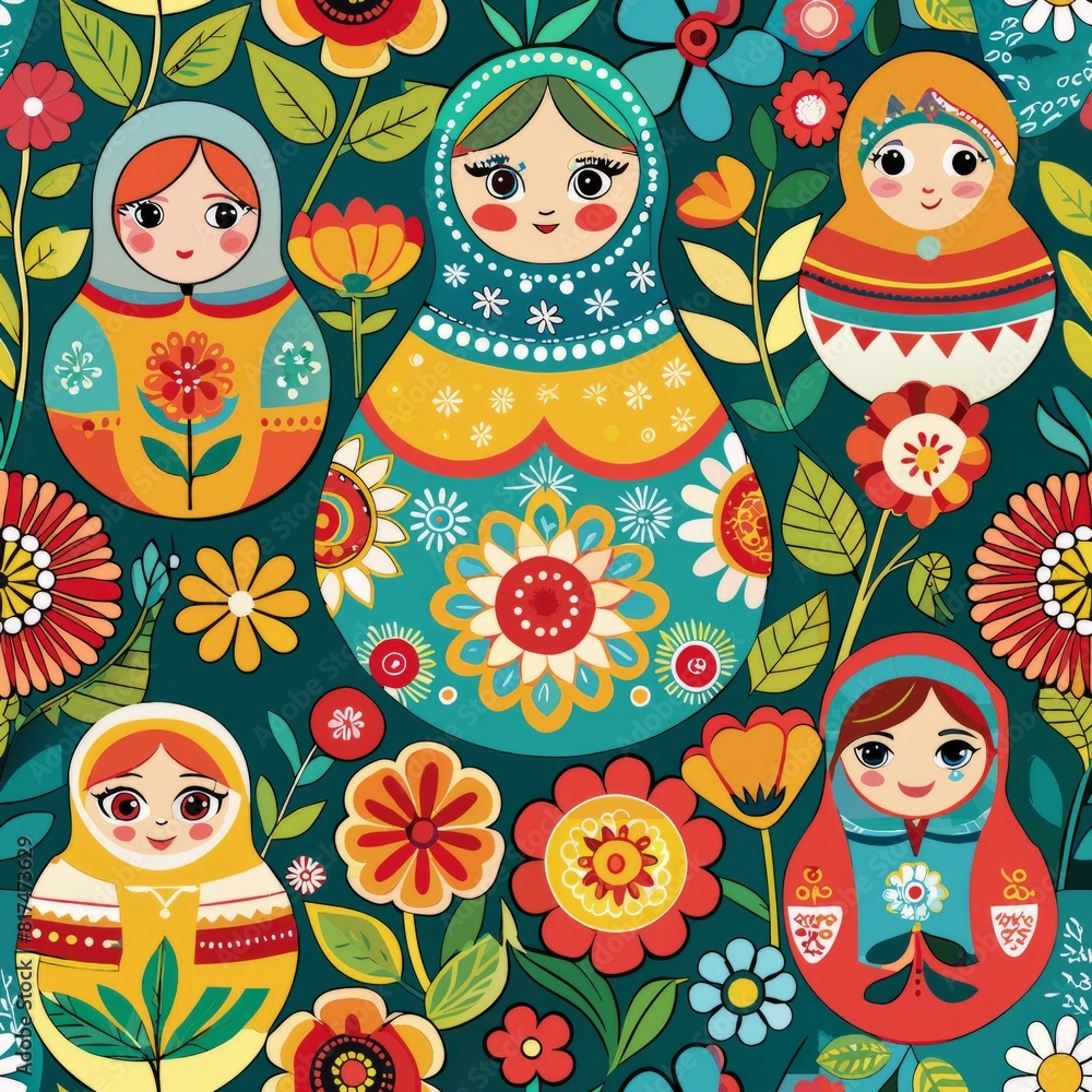 Seamless pattern of traditional Russian folk art motifs like nesting ...