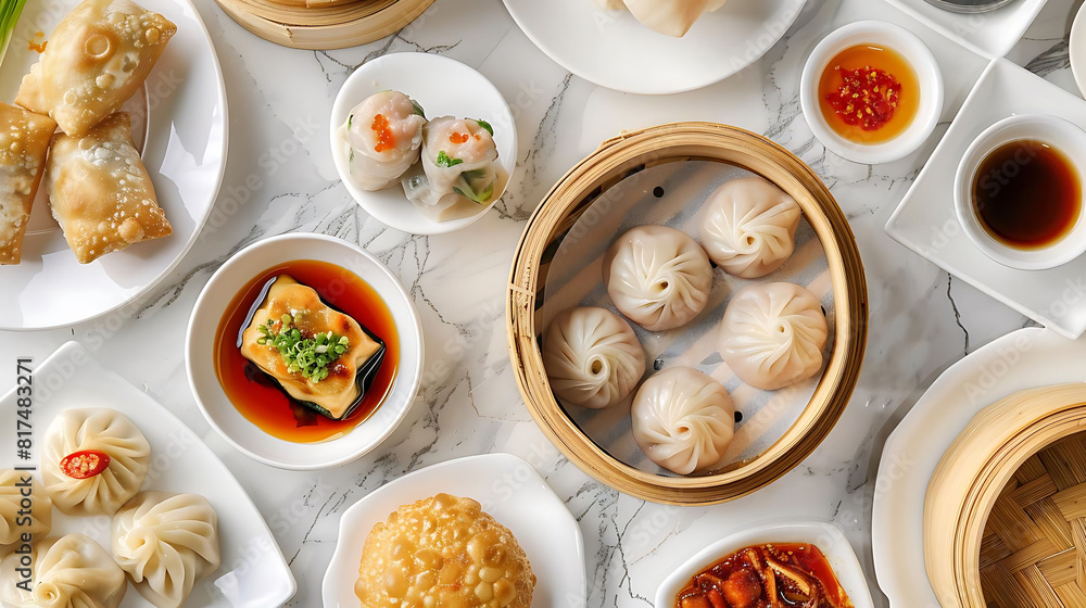 assorted dim sum platter with dipping sauces on a transparent ...