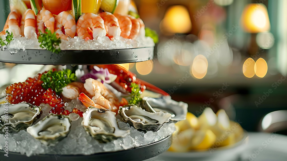 deluxe seafood tower with oysters and caviar served on a transparent ...