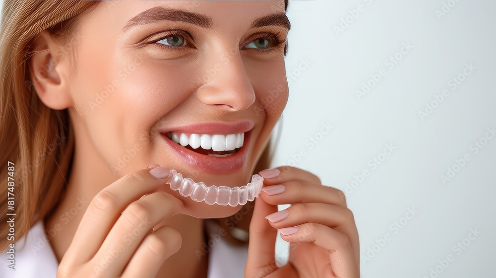 Young Caucasian woman inserting a dental aligner. Close-up view ...