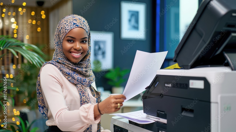 Muslim woman in hijab in a modern office with printer. Breaking ...