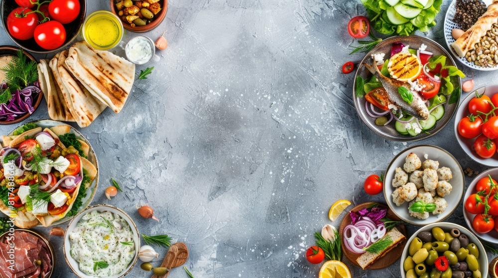Greek food background gyros , fish, pita, greek salad, assortment of ...