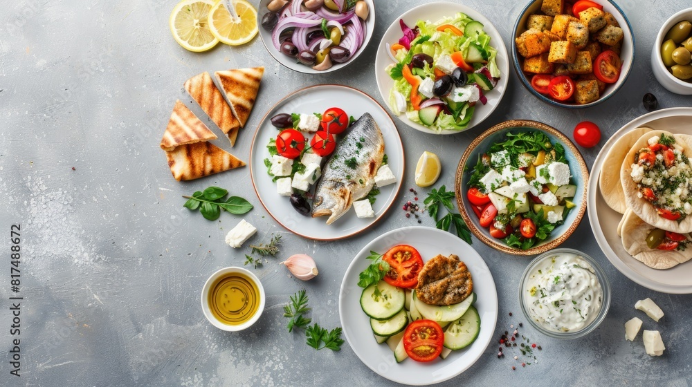 Greek food background gyros , fish, pita, greek salad, assortment of ...