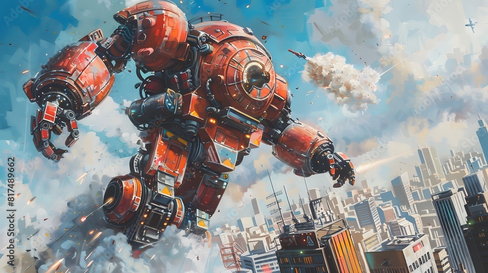 A giant red robot launches an attack on a futuristic city, surrounded ...