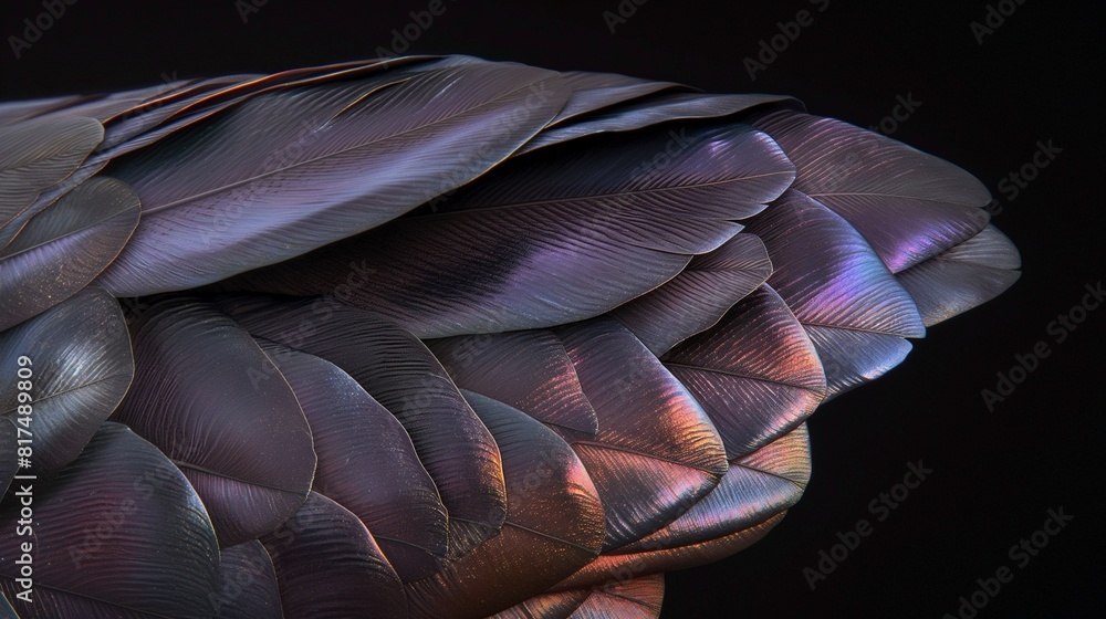 A detailed macro shot of a raven's feather against a black background ...