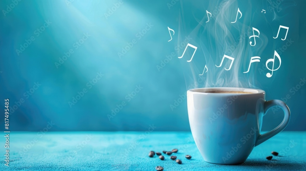 Steaming coffee cup with musical notes on a blue background. A music ...