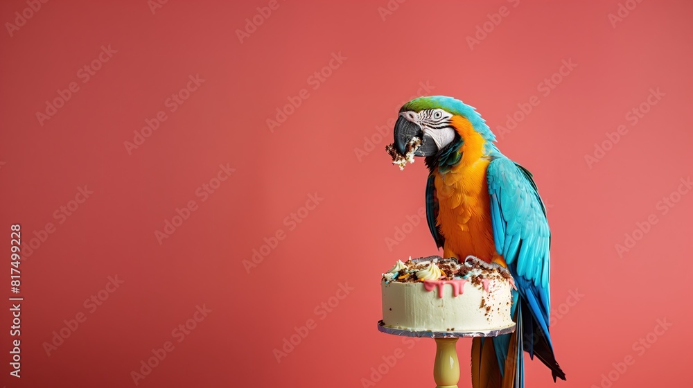 Greedy macaw parrot Eat chocolate vanilla cake on a pastel red ...