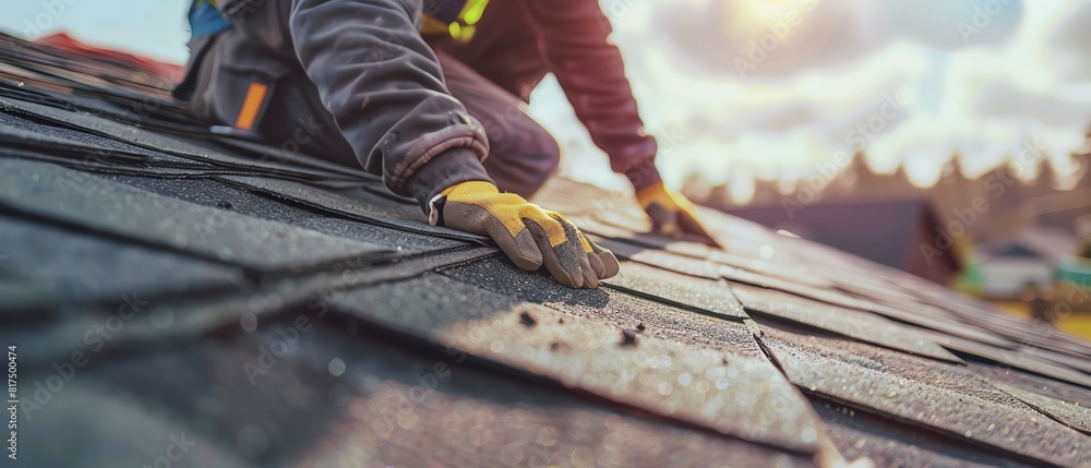 A worker repairing a roof with new shingles, close up, construction ...