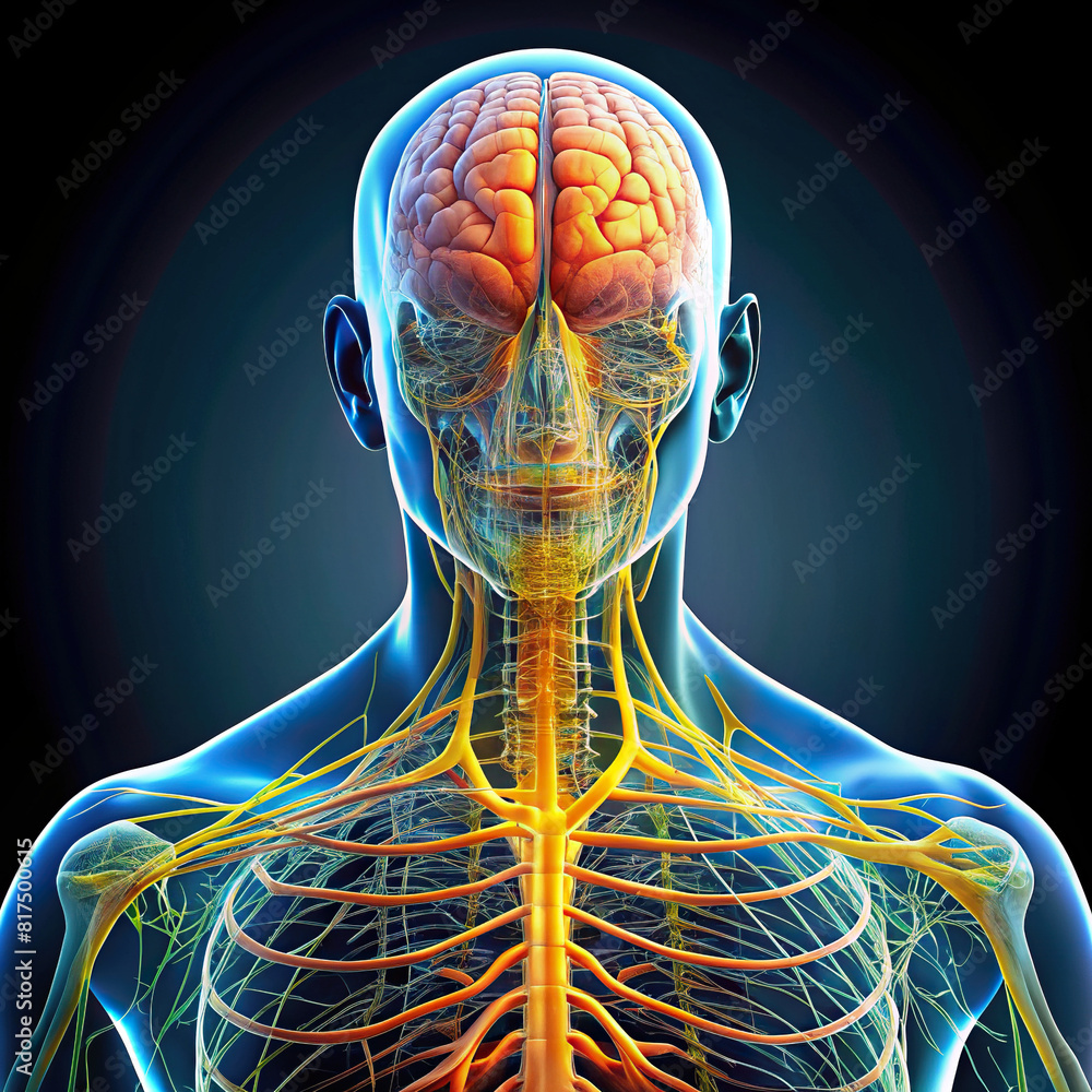 Extreme close-up of human nervous system showing brain, spinal cord ...