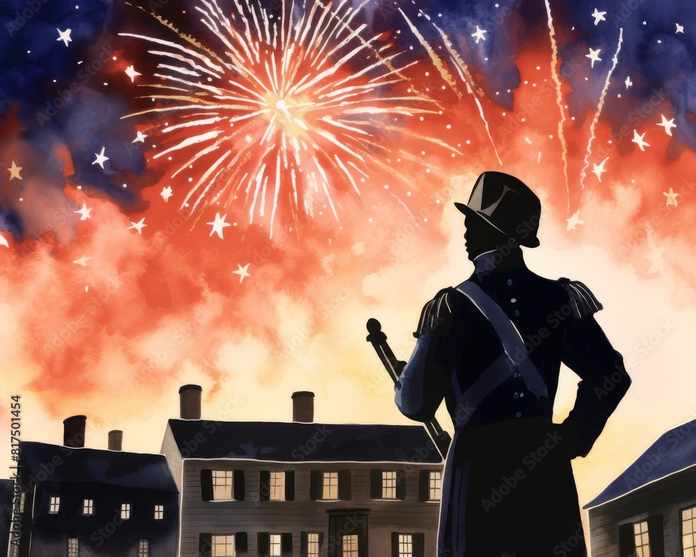 Festive watercolor portrayal, rear view of a black silhouette soldier ...