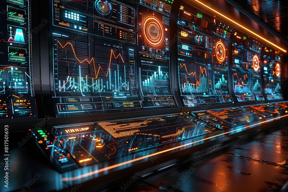 An array of futuristic screens displaying holographic data ...