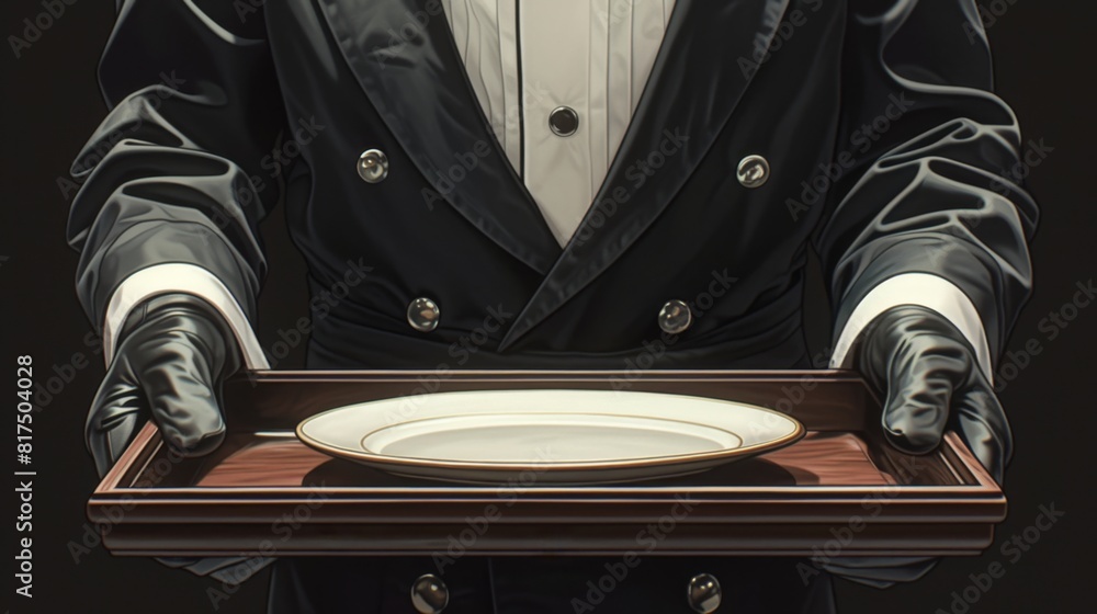 Waiter tray, butler hand service holding plate isolated white silver ...