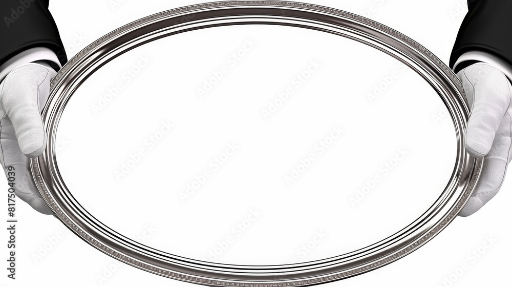 Waiter tray, butler hand service holding plate isolated white silver ...