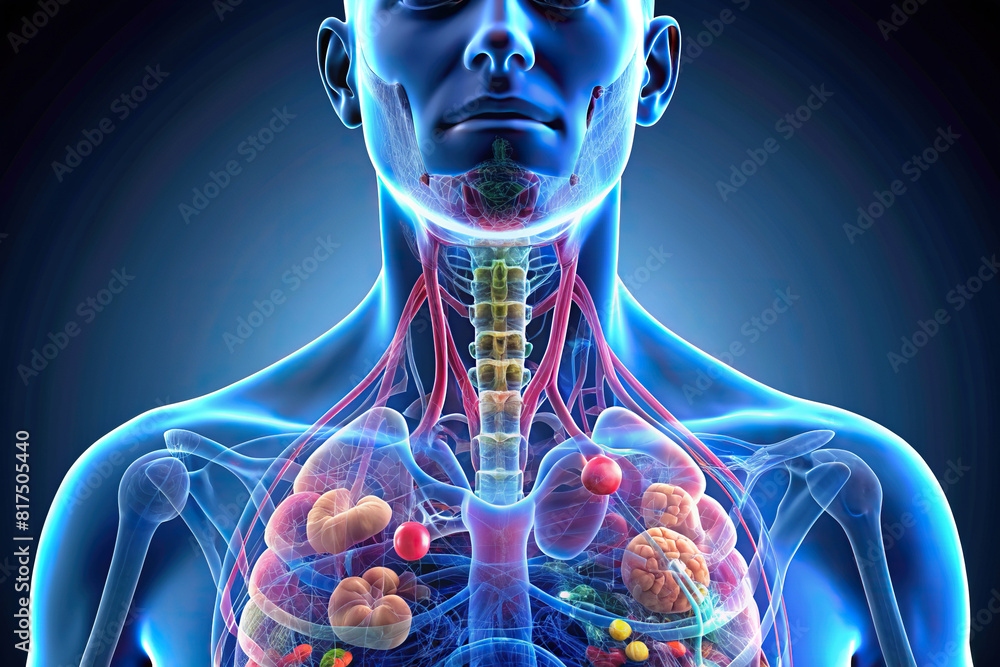 Extreme close-up of human endocrine system showing glands and hormone ...