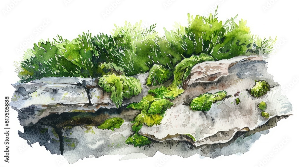 Watercolor painting depicting moss growth on a rock surface in fine ...