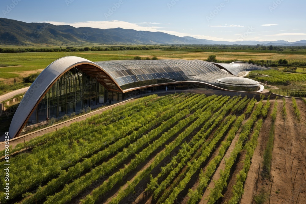 The image shows a modern glass and steel winery with a curved roof. The ...