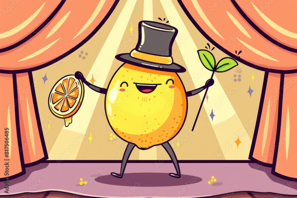 Cartoon cute doodles of a lemon with a top hat and cane, tap-dancing on ...
