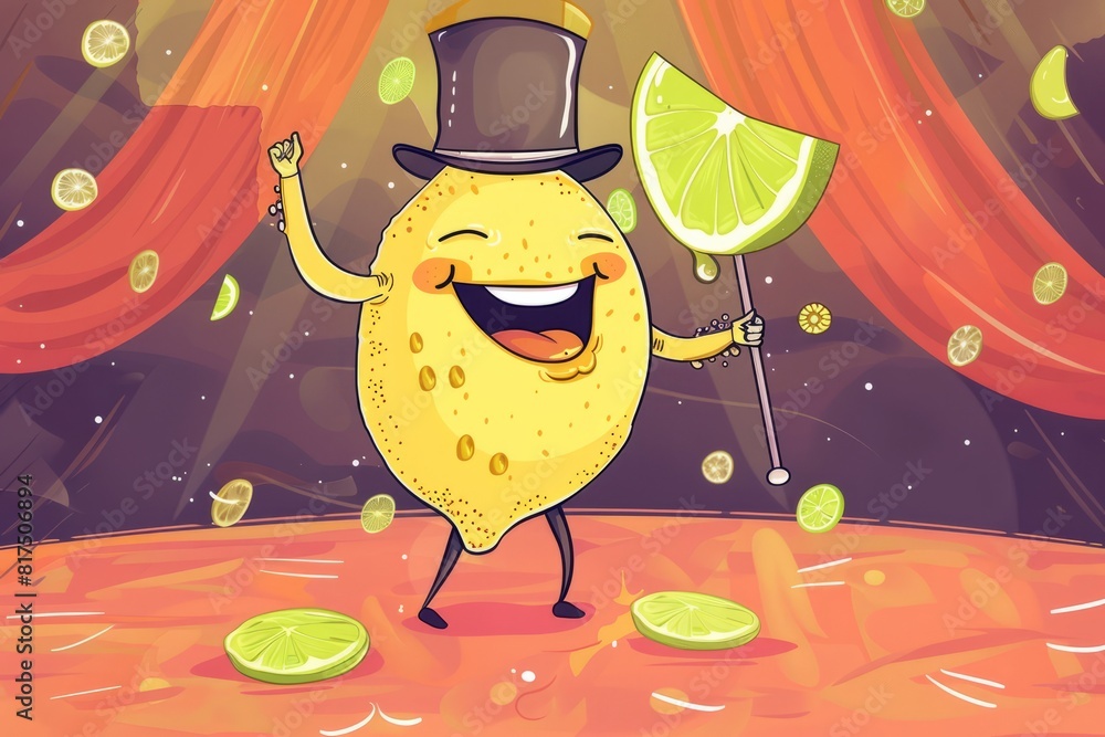 Cartoon cute doodles of a lemon with a top hat and cane, tap-dancing on ...