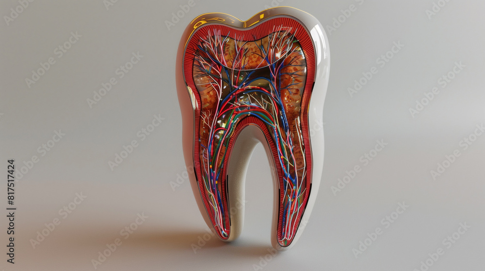 A highly detailed 3D model of a human molar tooth, showing its anatomy ...
