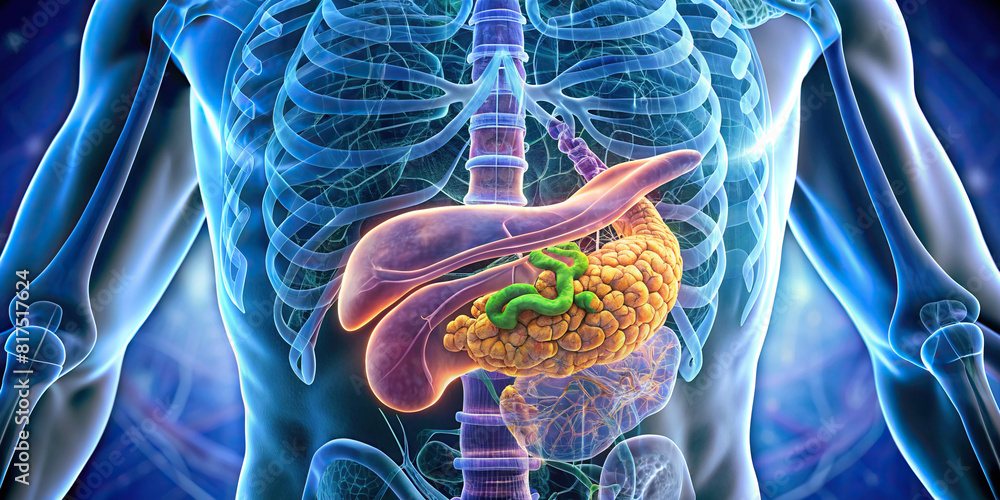 Extreme close-up of human pancreas with islet cells and pancreatic duct ...