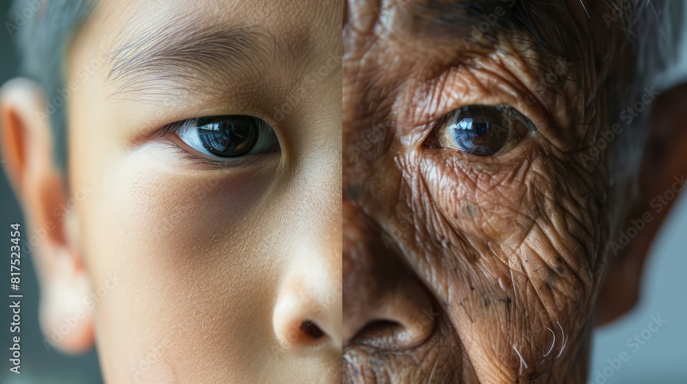 The face is divided into two halves - half of an Asian boy and half of ...