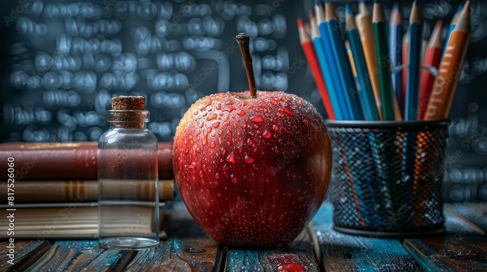 Educational still life arrangement featuring school supplies and an ...