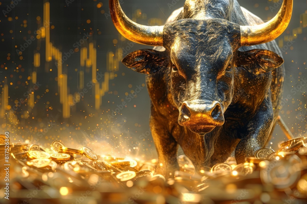 Metallic bull on a pile of golden coins, charging against a backdrop of ...