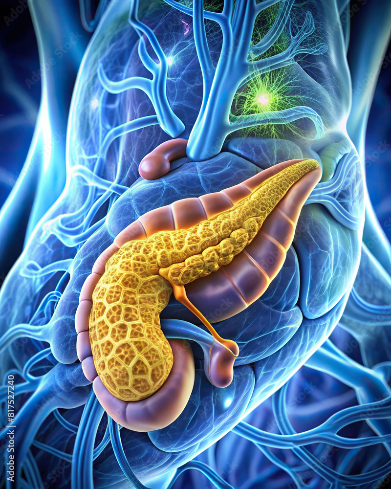 Macro shot of the pancreas, showcasing pancreatic lobes, pancreatic ...