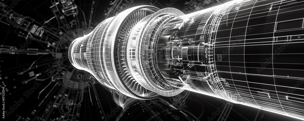 3D rendering of a jet engine. The engine is made of metal and has a ...