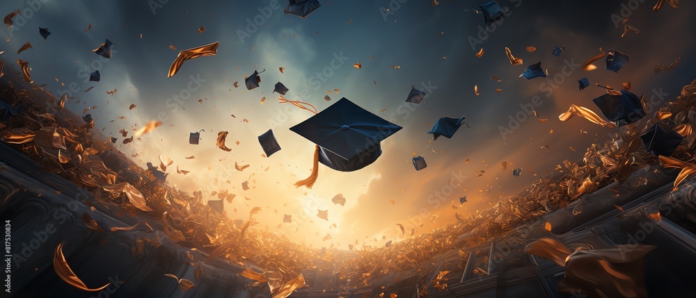 Overhead shot of a graduation cap flying through the air during a cap ...