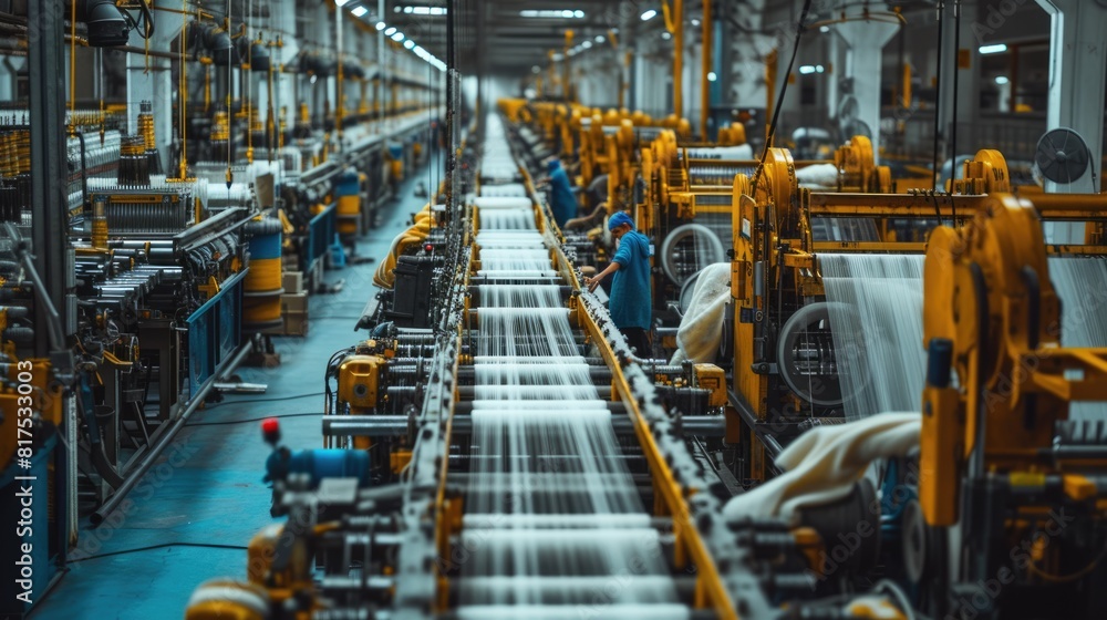 A photo of interior of woven factory with machine working while waving ...