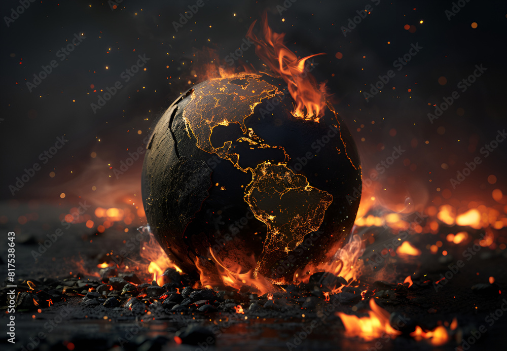 Earth globe destroyed by fire, burning on glowing embers. Conceptual ...