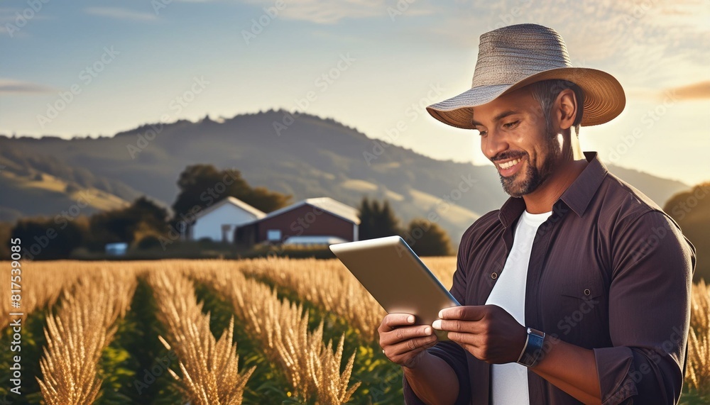 A rustic and realistic portrait of a farmer examining his crops with a ...