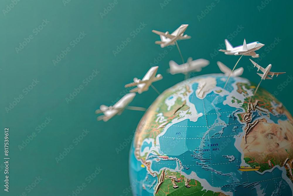 Globe with paper airplanes flying around it, representing travel routes ...