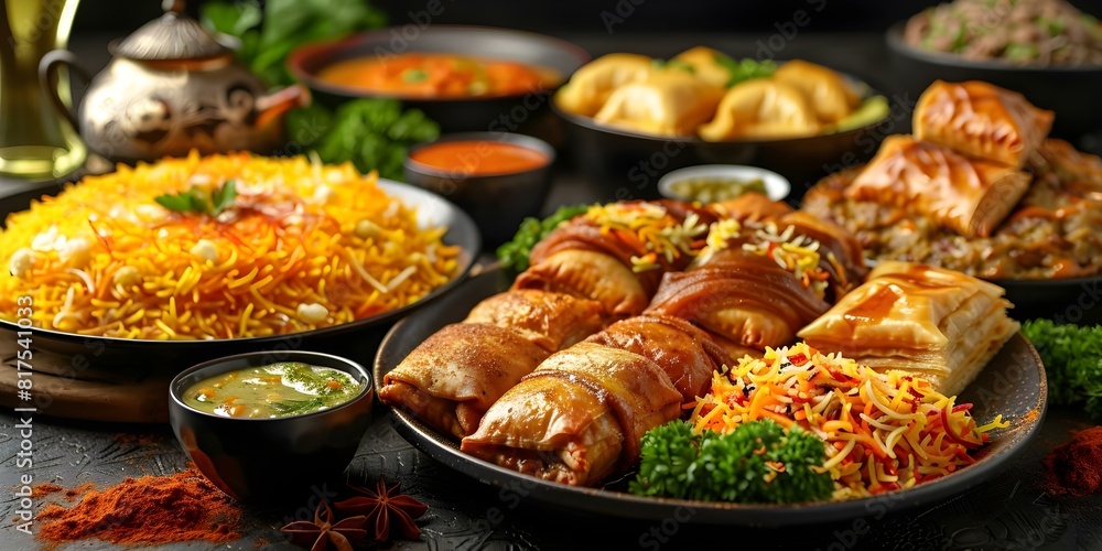 Eid Mubarak feast with a variety of delicious foods like biryani and ...