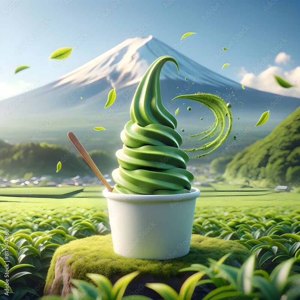 Matcha Soft Serve in Green Tea Field with Dynamic Mount Fuji View Stock ...