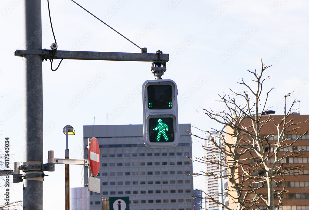 Traffic lights with green light lit. Sign or symbol pedestrians allowed ...