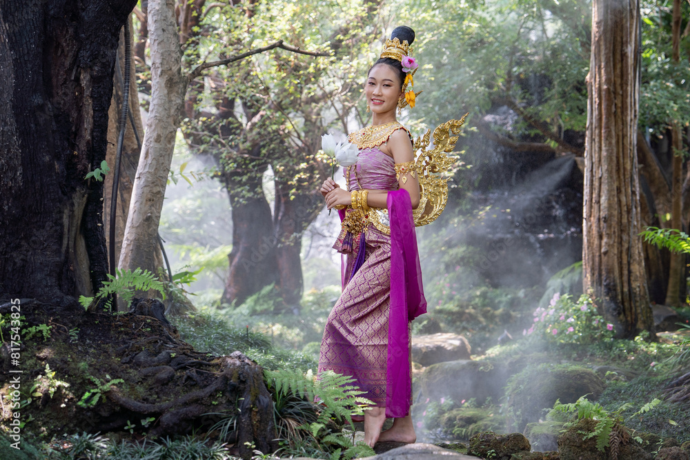 Lady in Thai literature. Beautiful girl in a Kinnari or Kinnaree dress ...