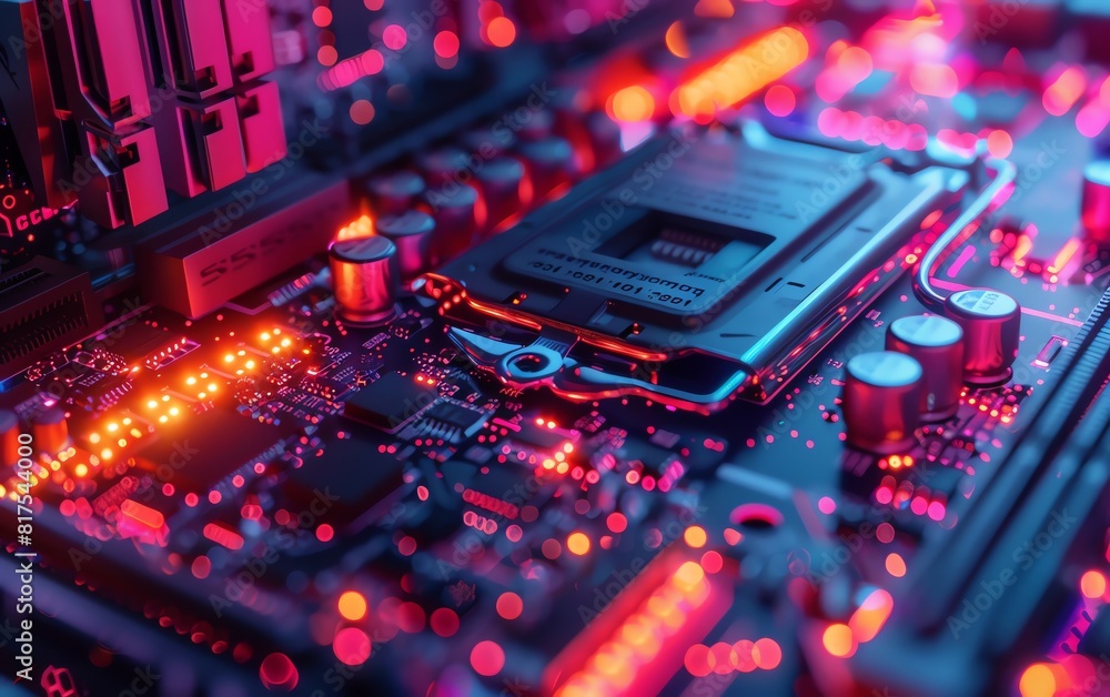 An electronic circuit board with a glowing CPU. The board is red and ...