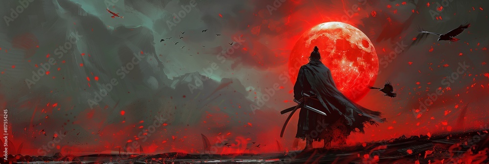Samurai in Solitude Background: Under the Red Sun with Black Armor ...