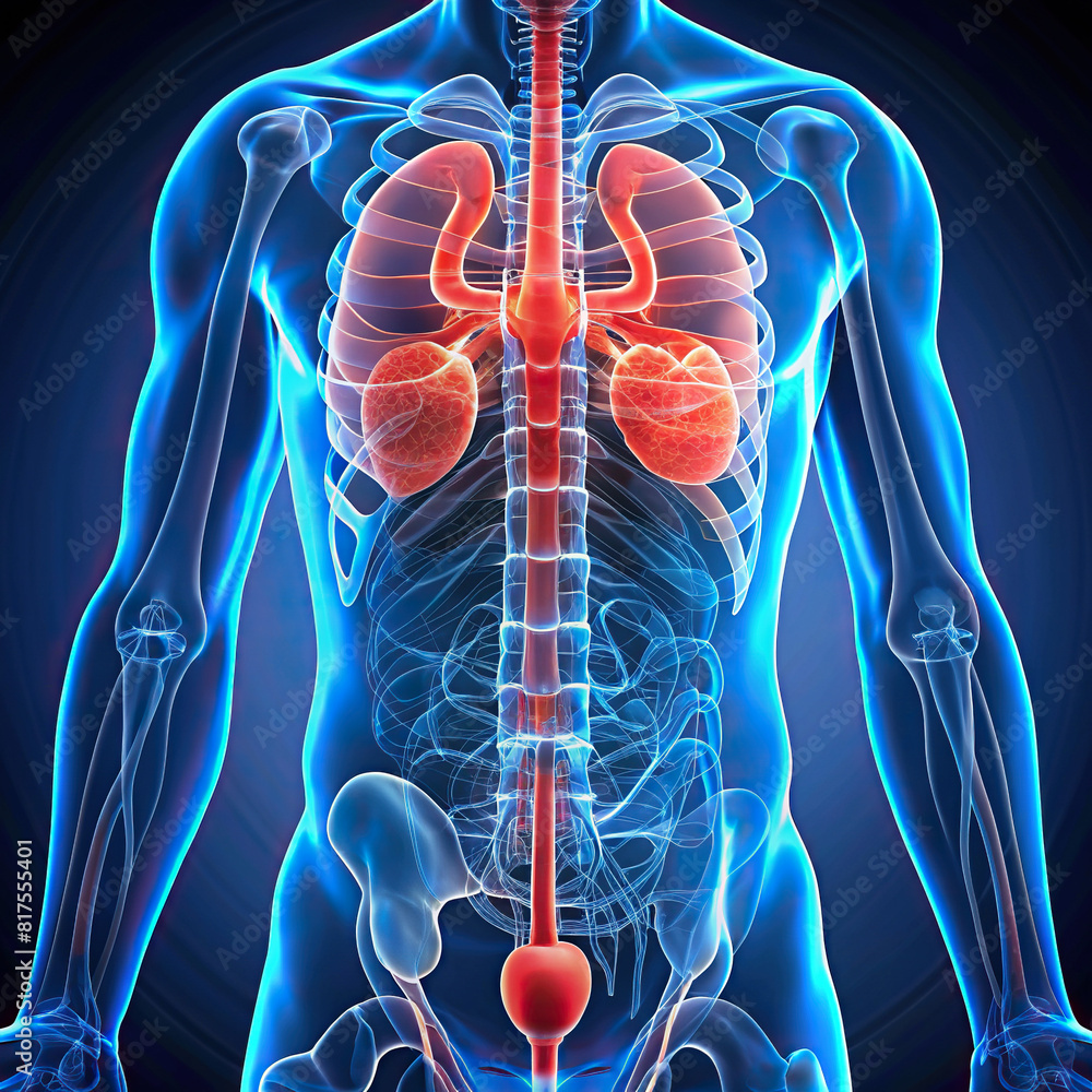Detailed view of human kidneys, emphasizing the renal pelvis, nephrons ...