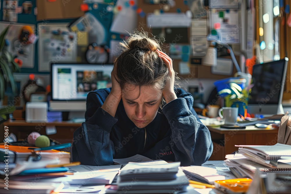 Person sitting at a cluttered desk, head in hands, with a stressed and ...