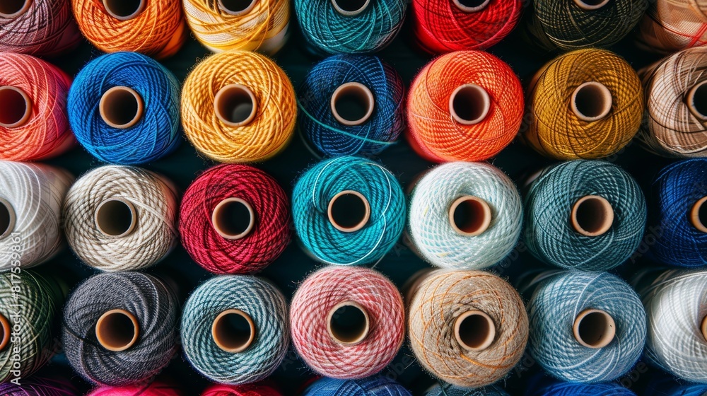Artistic composition of tailor threads, showcasing a spectrum of colors ...