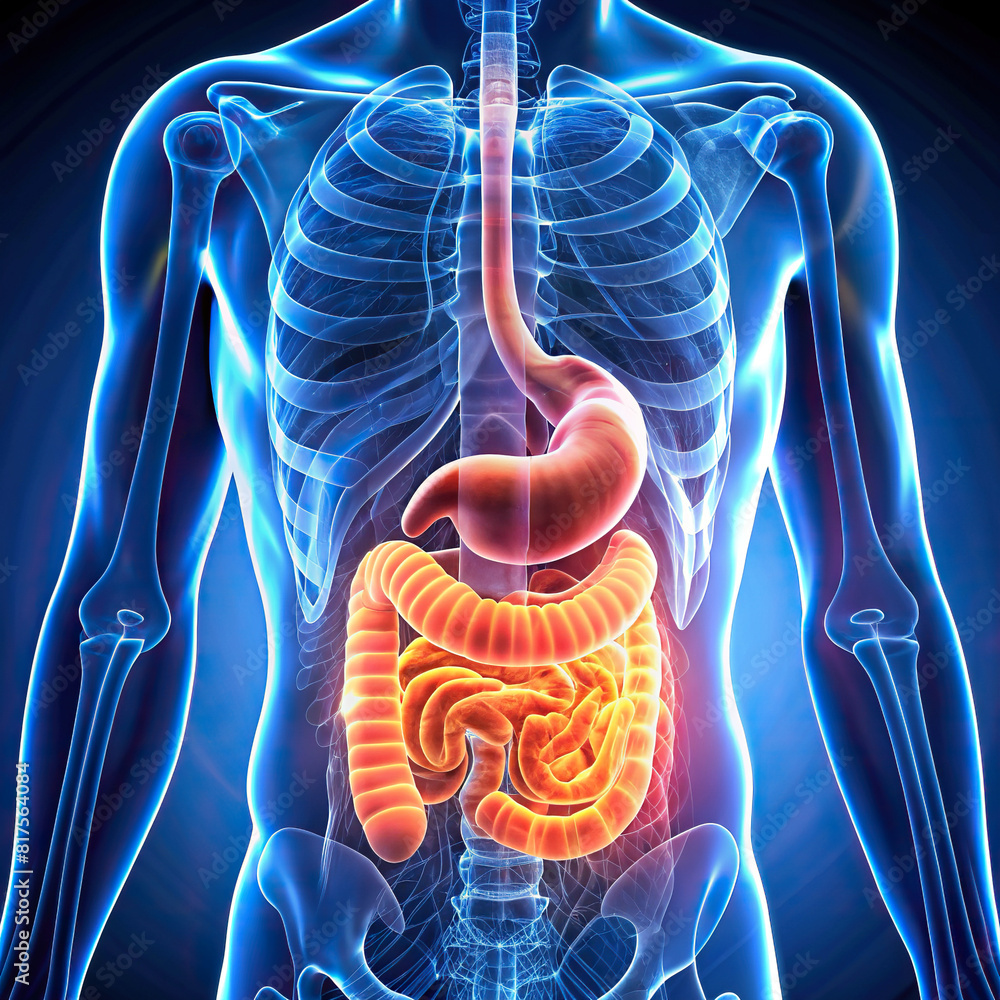 Close-up of the stomach, highlighting gastric mucosa, gastric glands ...