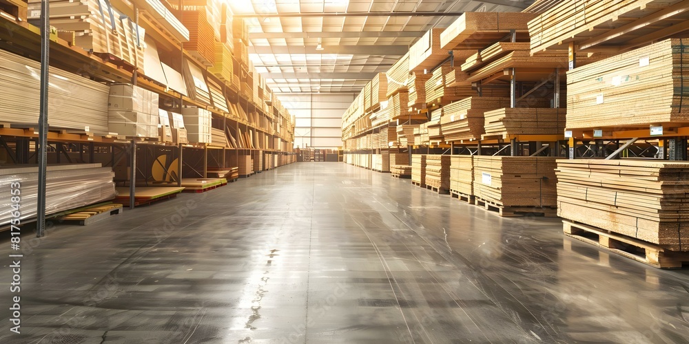 Neatly organized hardware store warehouse with OSB sheets stacked for ...