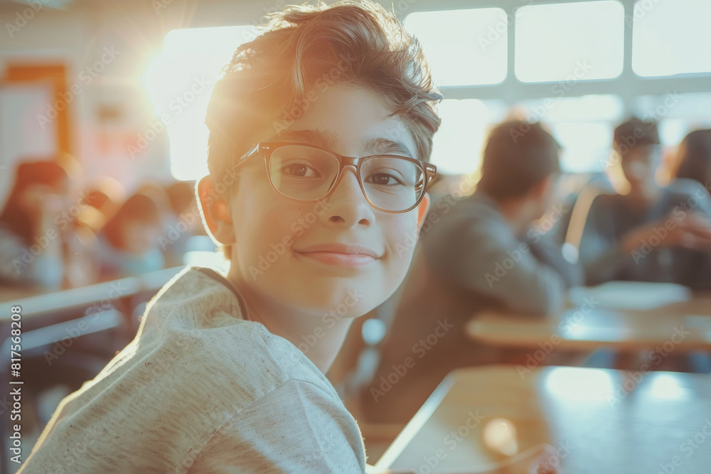 Portrait of a 14 year old teenage boy sitting in a classroom in early ...