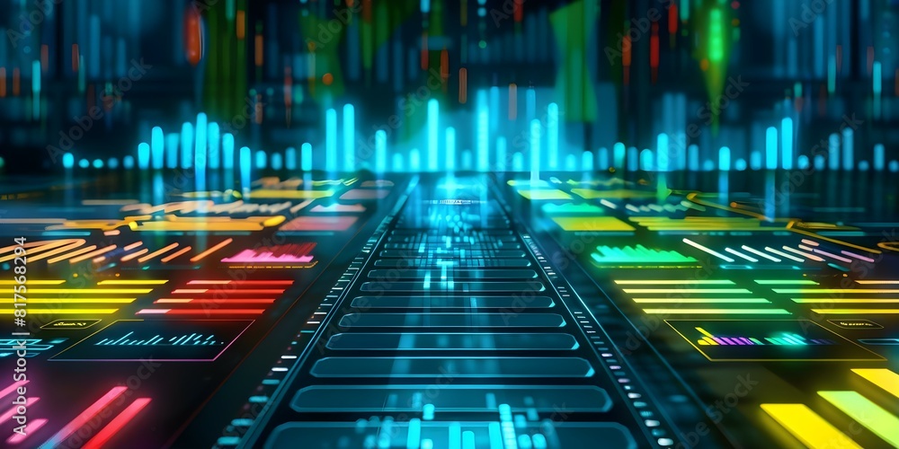 ภาพประกอบสต็อก SEO data analysis tool with neon charts and graphs on ...