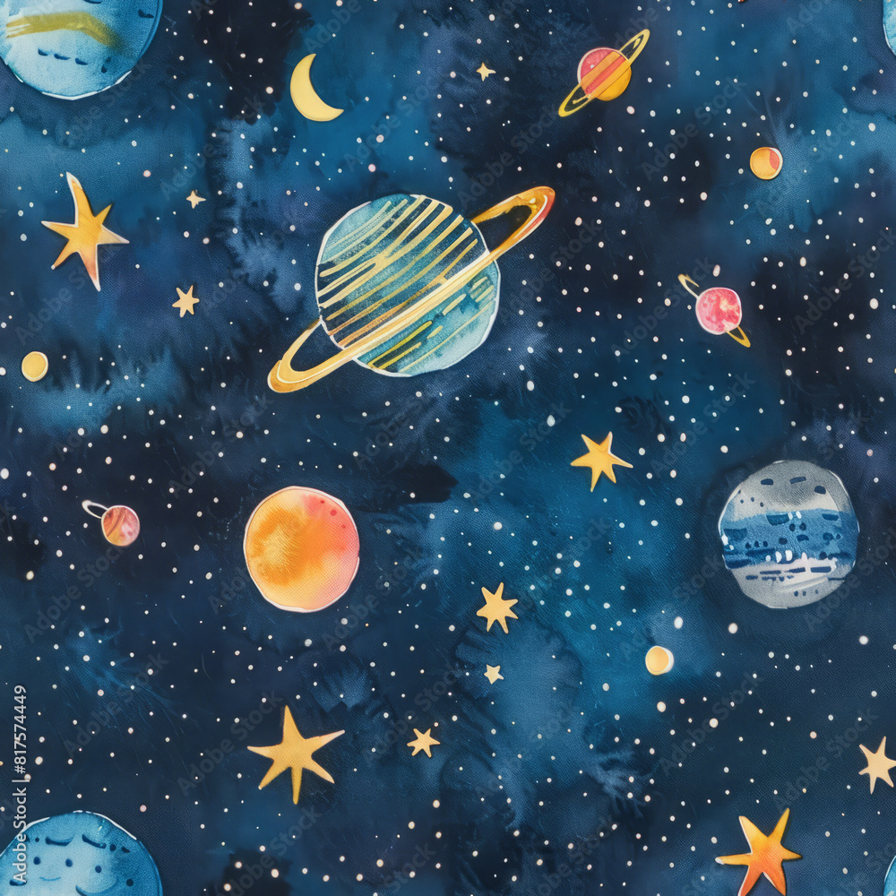 Seamless pattern outer space stars and planets in night sky art illustration watercolor fun hand ...